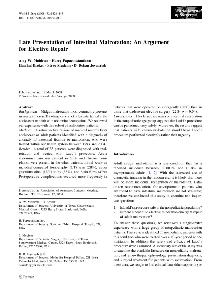Elective Repair for Adult Intestinal Malrotation | PDF | Surgery ...