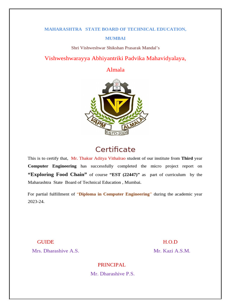 Certificate: Vishweshwarayya Abhiyantriki Padvika Mahavidyalaya, Almala ...