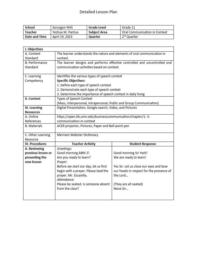 Sample Detailed Lesson Plan PT1 | PDF | Communication | Lesson Plan Sample Detailed Lesson Plan PT1 | PDF | Communication | Lesson Plan