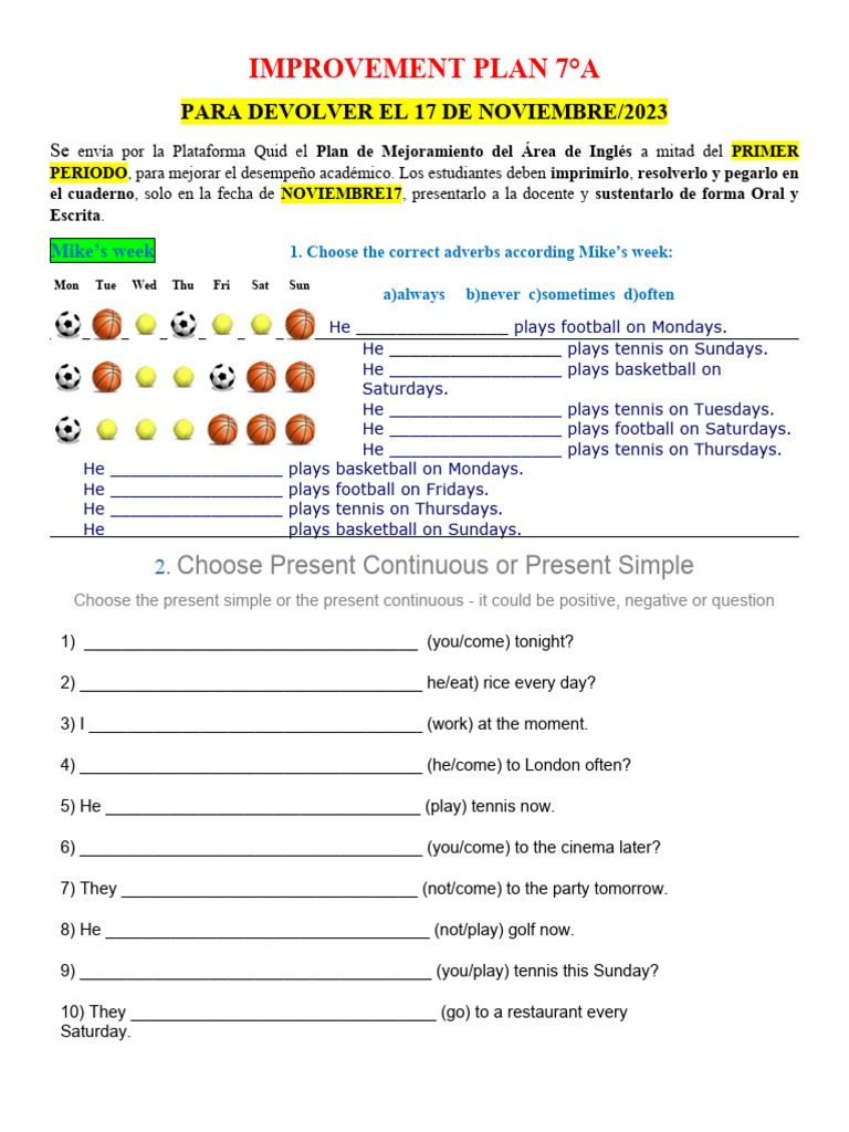 Improvement Plan 7°A: para Devolver El 17 de Noviembre/2023 | Download Free PDF | Verb ...
