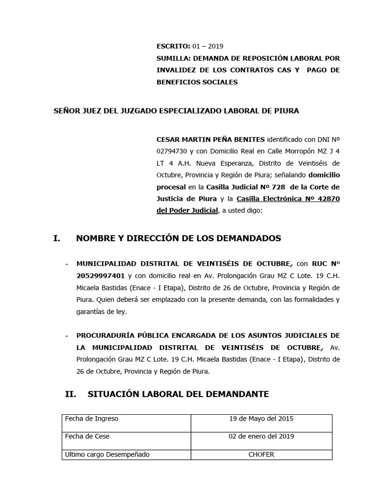 Modelo de Demanda de Reposicion Laboral Por Invalidez de Los Contratos Cas y Pago de Beneficios ...