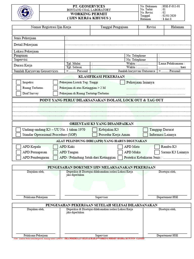 HSE-F-011-01 Working Permit (Ijin Kerja) | PDF