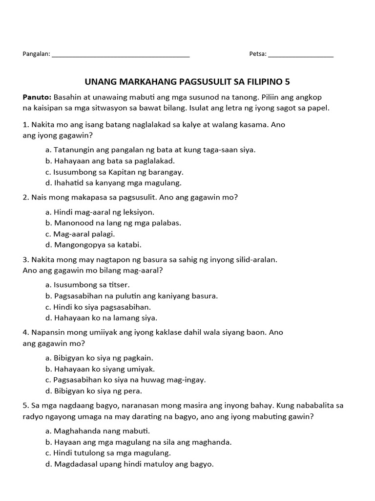 First Periodical Test in Filipino 5 | PDF First Periodical Test in Filipino 5 | PDF