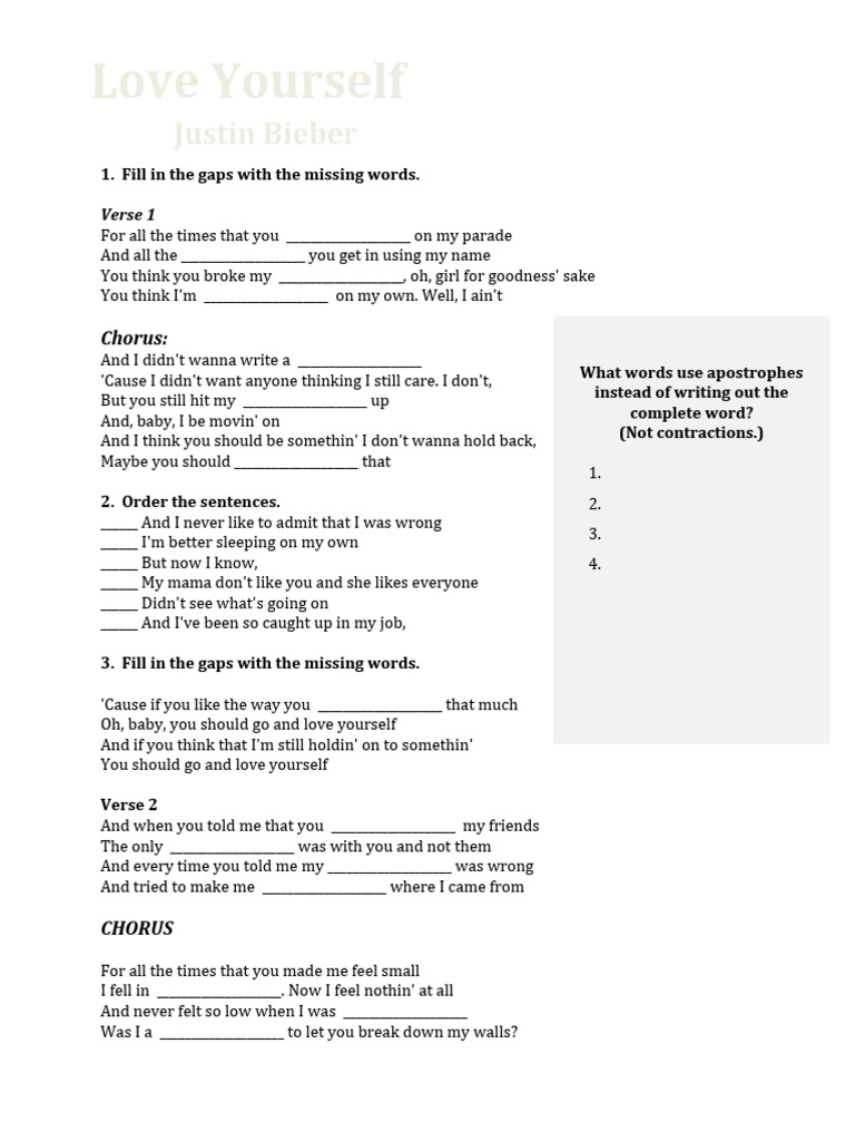 Love Yourself Justin Bieber Gap Fill Activities With Music Songs ...