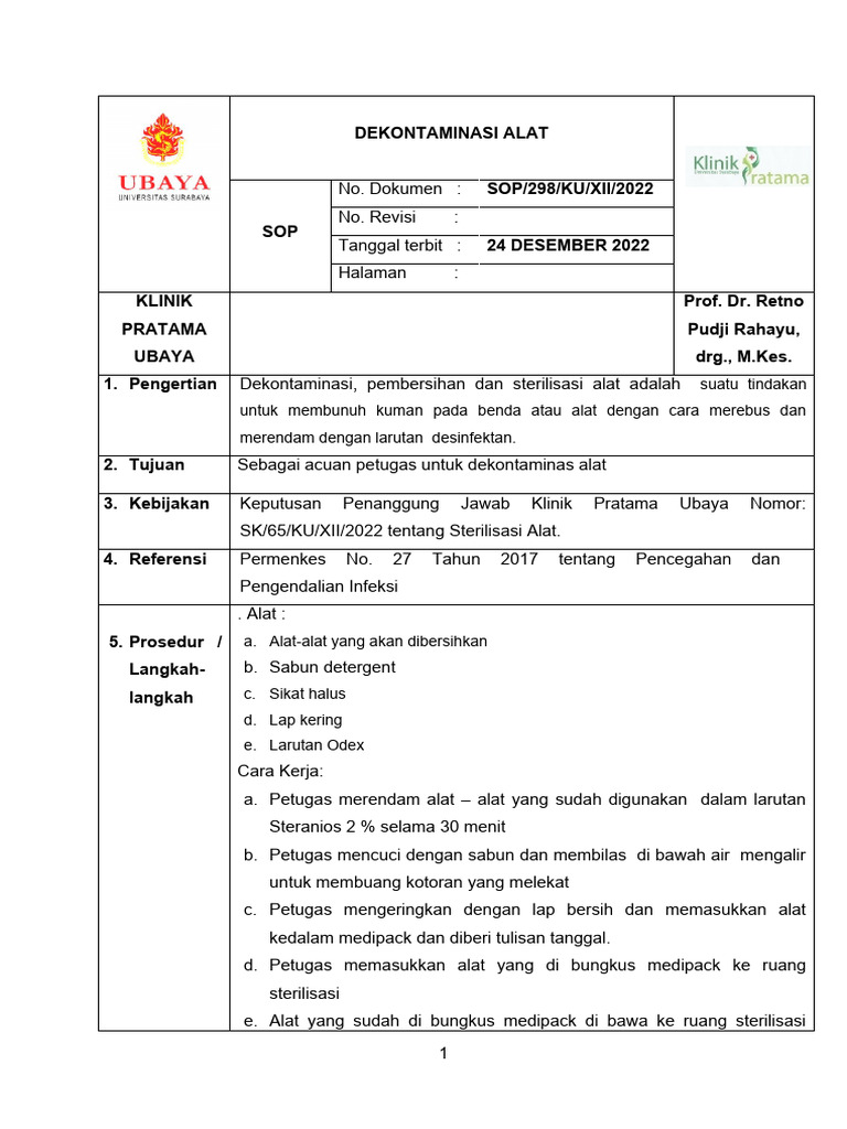 Sop 298 Dekontaminasi Alat | PDF