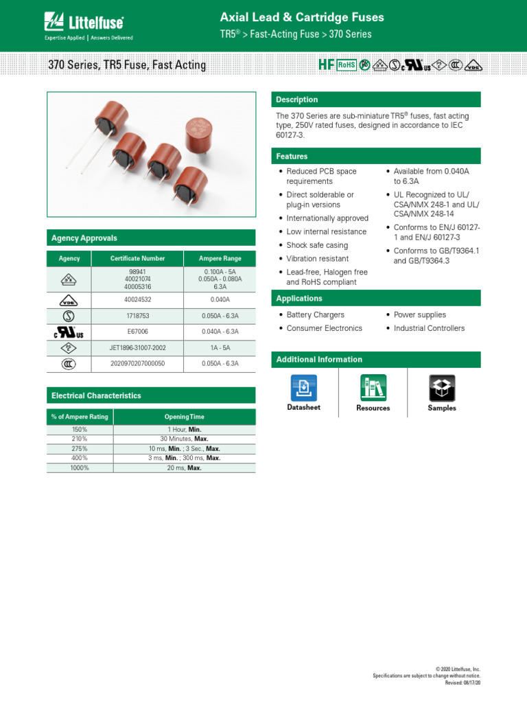 Carrier SSS - Littelfuse Fuse 370 Datasheet PDF-357362 | PDF | Fuse (Electrical) | Soldering