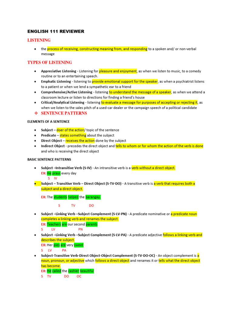 English 111 Reviewer | PDF | Grammatical Tense | Verb