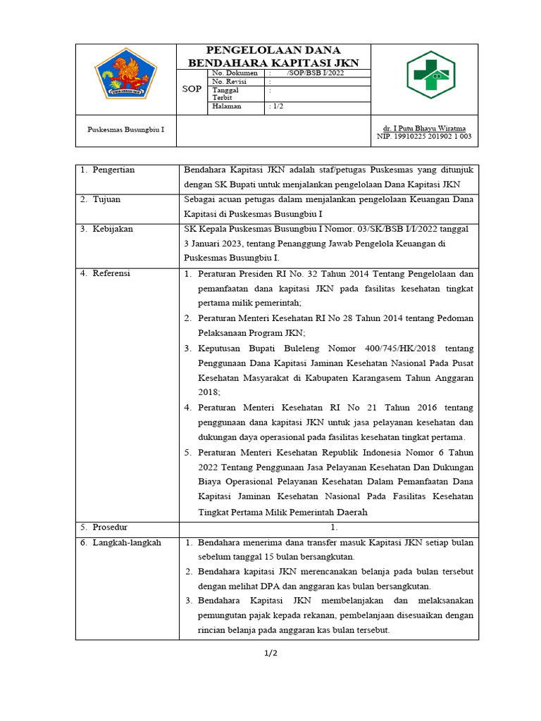 SOP Bendahara JKN 2022 | PDF