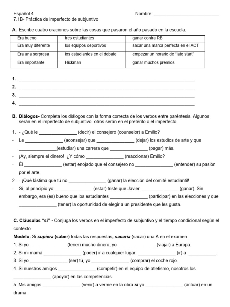 4 - 7.1B- Practica Con Imperfecto de Subjuntivo y Clausulas de Si | PDF ...