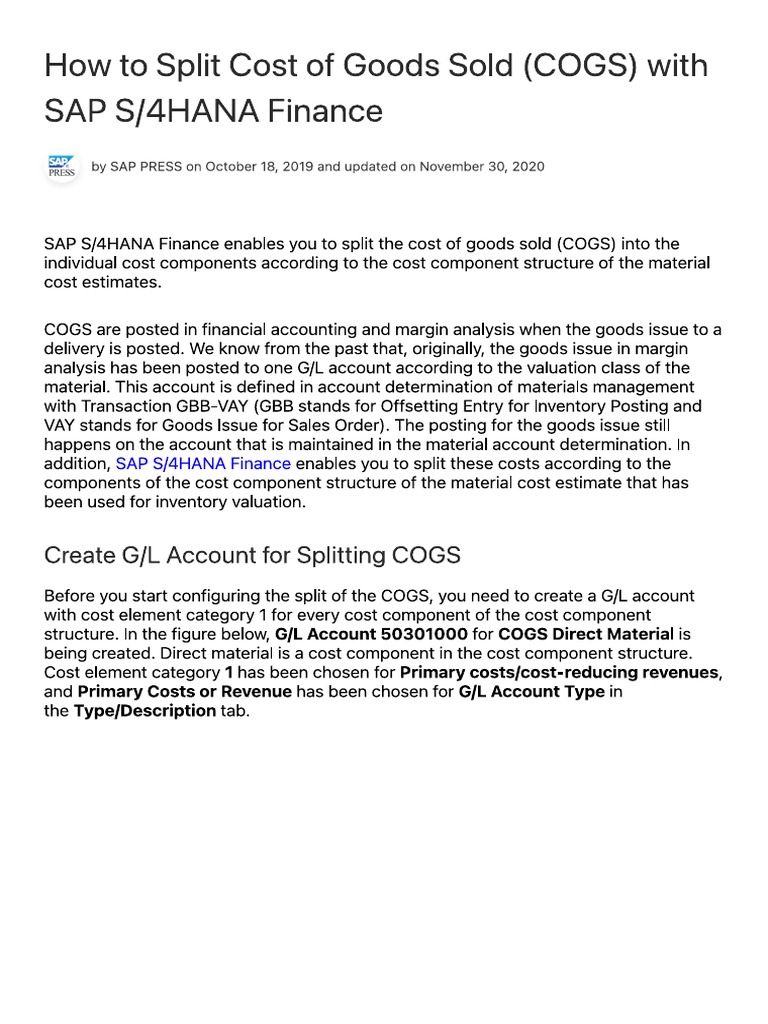 Cost of Good Sold Split With SAP S - 4 HANA Finance-1 | PDF