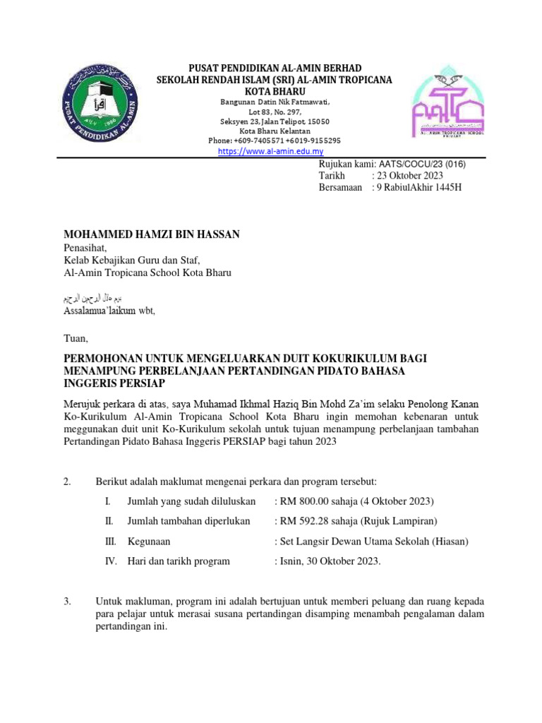 Surat Permohonan Menggunakan Wang Kokurikulum Dalam KKGS (Updated) | PDF