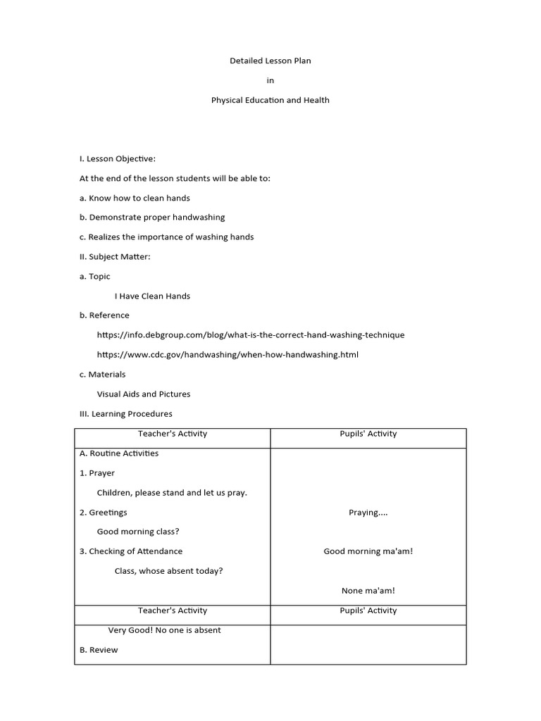 Handwashing Lesson Plan for Kids | PDF | Hand Washing | Prayer