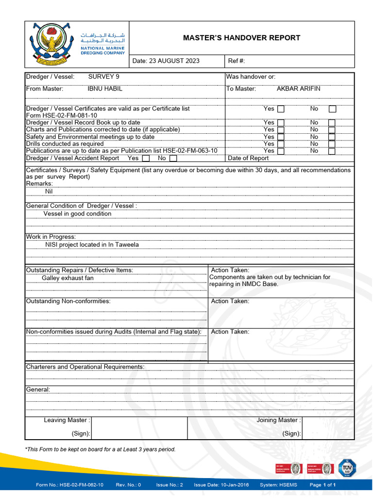 HSE 02 FM 062 10 Masters Handover Report R0 2 | PDF