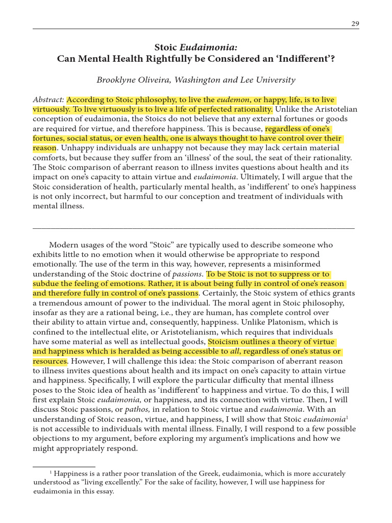 JA - HOP - 2a - Stoic Eudaimonia Can Mental Health Rightfully Be ...