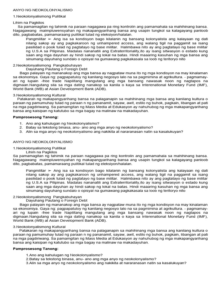 Anyo NG Neokolonyalismo | PDF