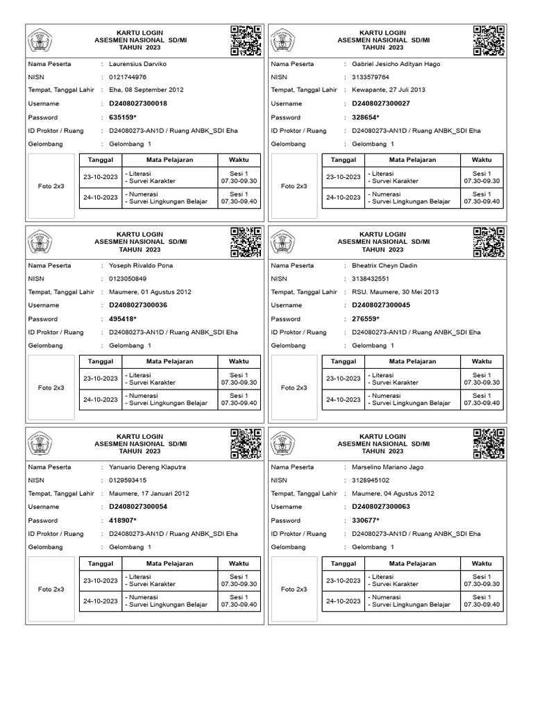 Kartu Login Sdi Eha | PDF