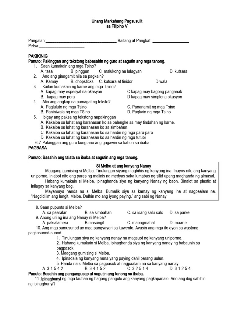 Filipino 5 Q1 Pagsusulit | PDF