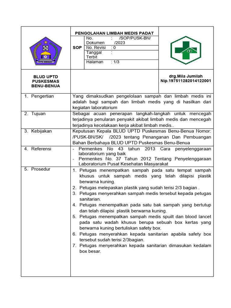 Sop Pengolahan Limbah Medis Padat | PDF