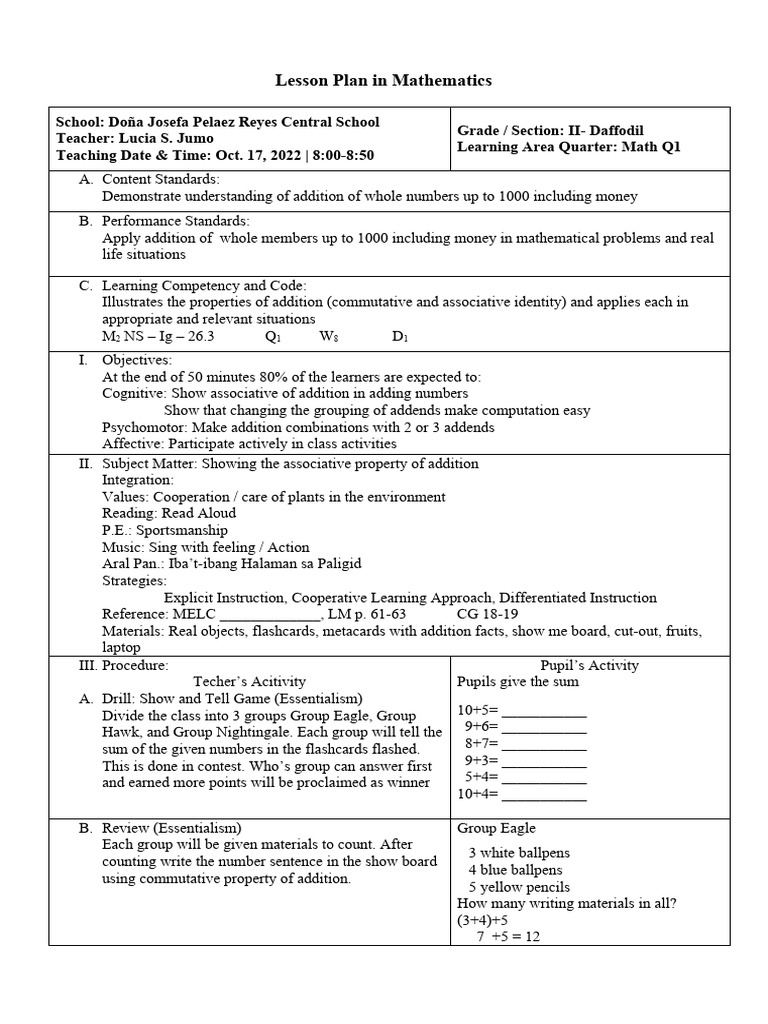 Grade 2 Addition Lesson Plan | PDF
