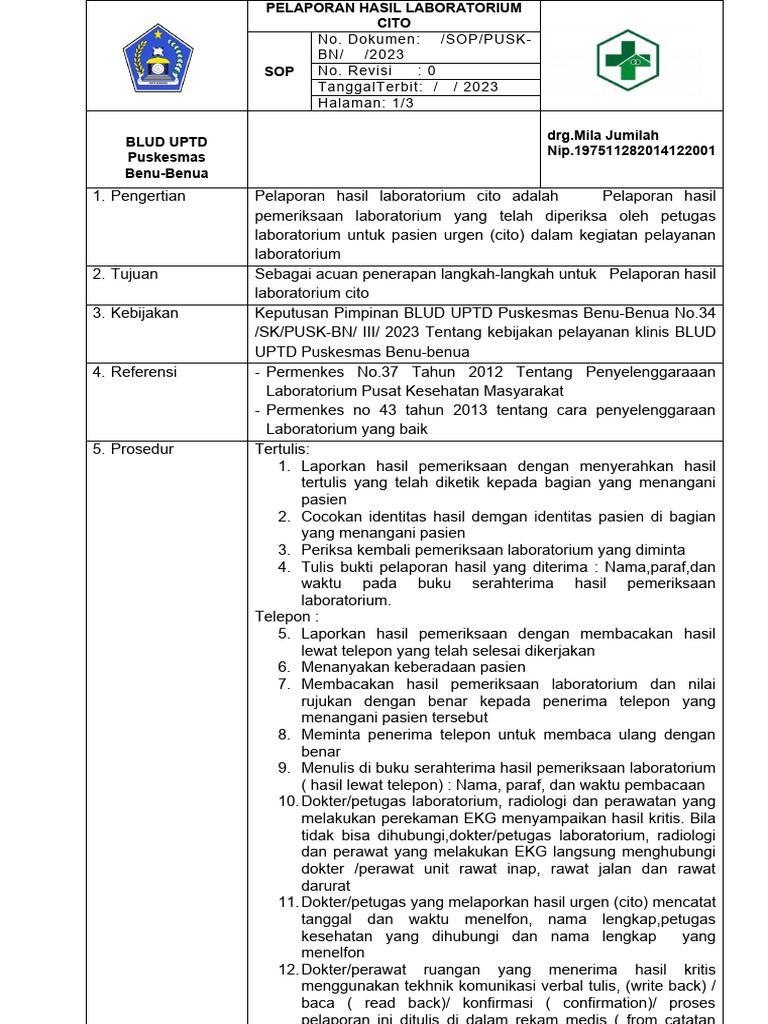 Pelaporan Hasil Laboratorium Cito | PDF