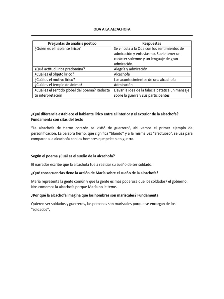 Análisis Poético de Oda a la Alcachofa | PDF | Poesía