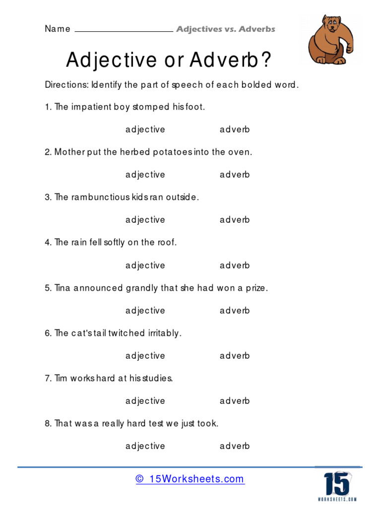 Adjective or Adverb?: Directions: Identify The Part of Speech of Each ...