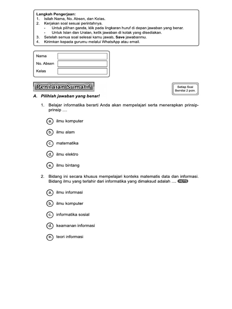 SMA Informatika 11 Penilaian Sumatif 1 | PDF
