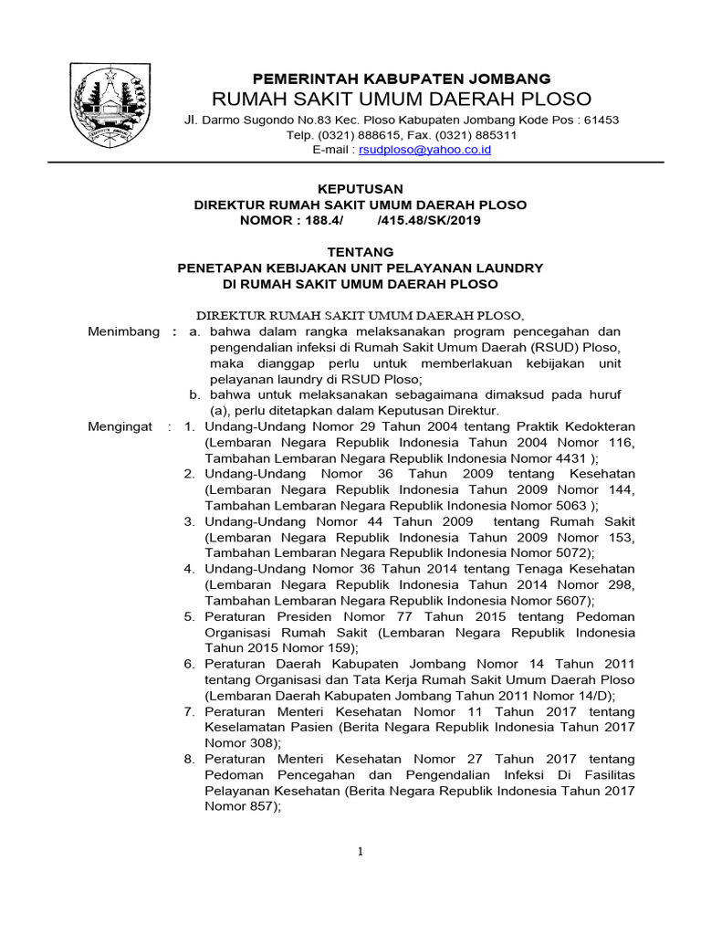 Draft SK Kebijakan Unit Pelayanan Laundry | PDF