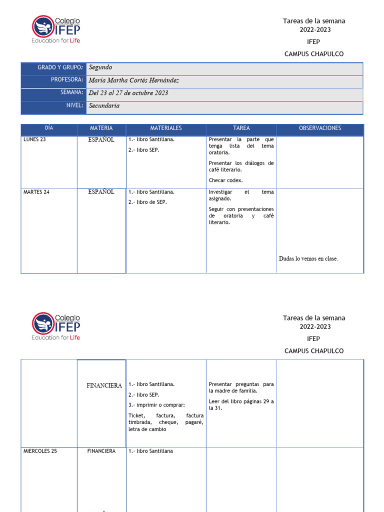 Tareas de Segundo Sec. Del 23 Al 27 de Octubre 2023 | PDF