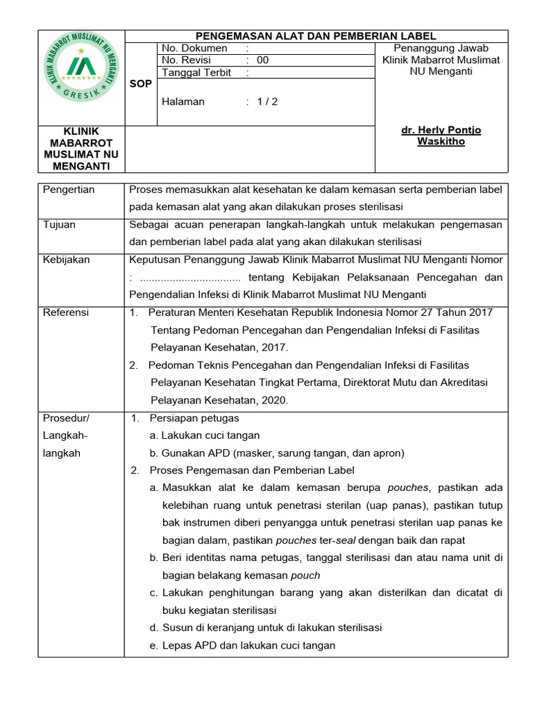 SOP Pengemasan Alat Dan Pemberian Label | PDF