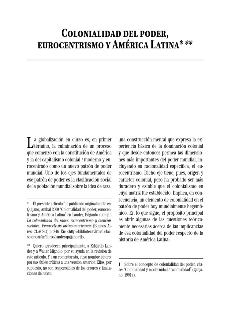 Quijano, Anibal., Colonialidad Del Poder | PDF | Raza (categorización ...