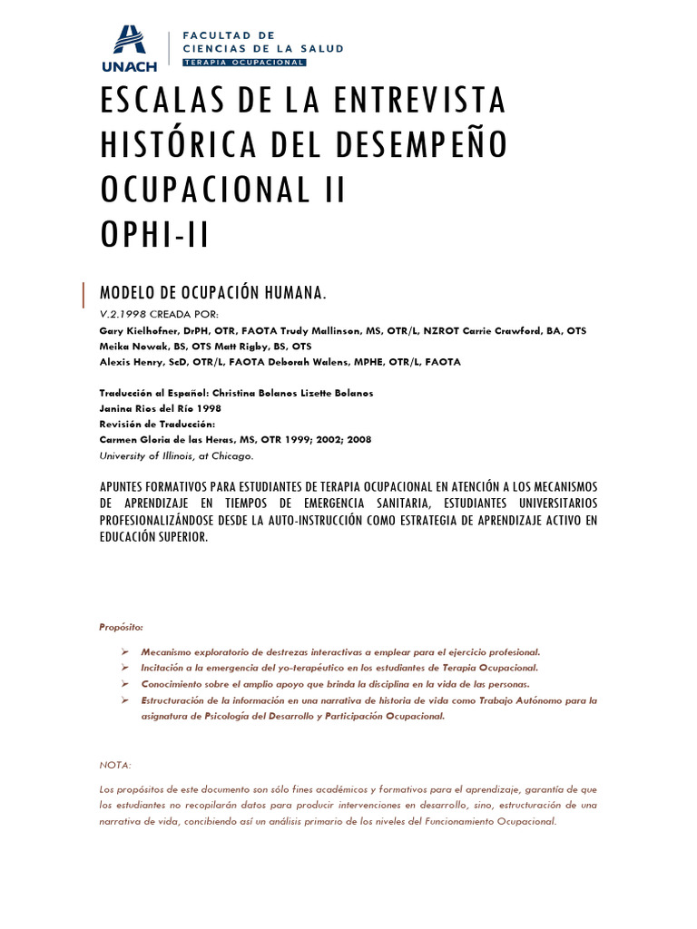 Escalas de La Entrevista Histórica Del Desempeño Ocupacional Ii Ophi-Ii ...