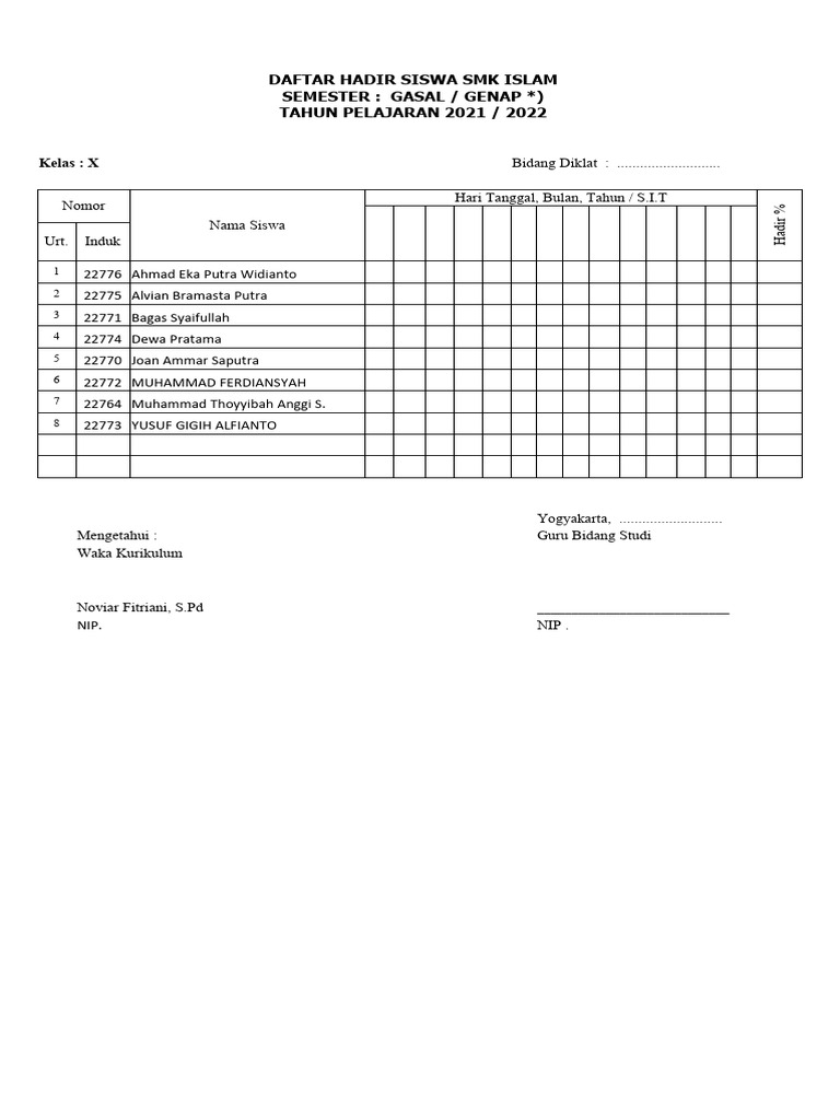 Daftar Presensi SISWA 2021 | PDF