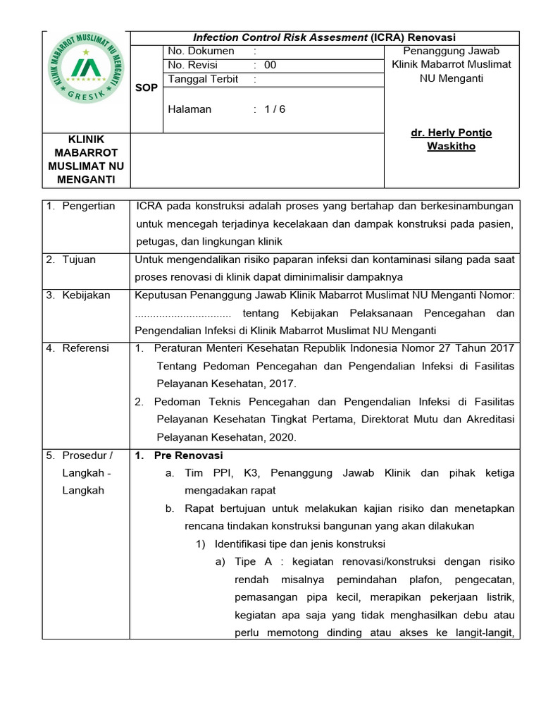 SOP ICRA Renovasi Klinik Mabarrot | PDF