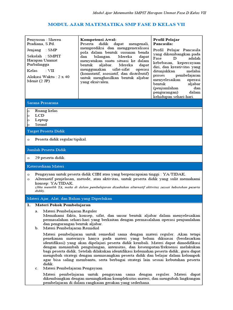 Modul Ajar Bentuk Aljabar | PDF