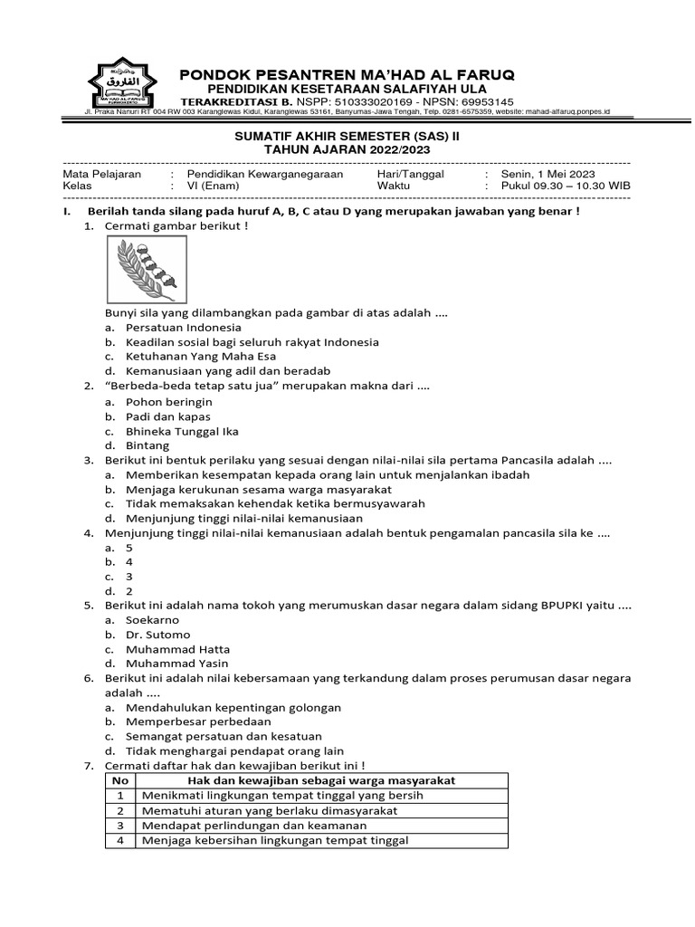 Soal Sas 2 PKN Kelas 6 | PDF