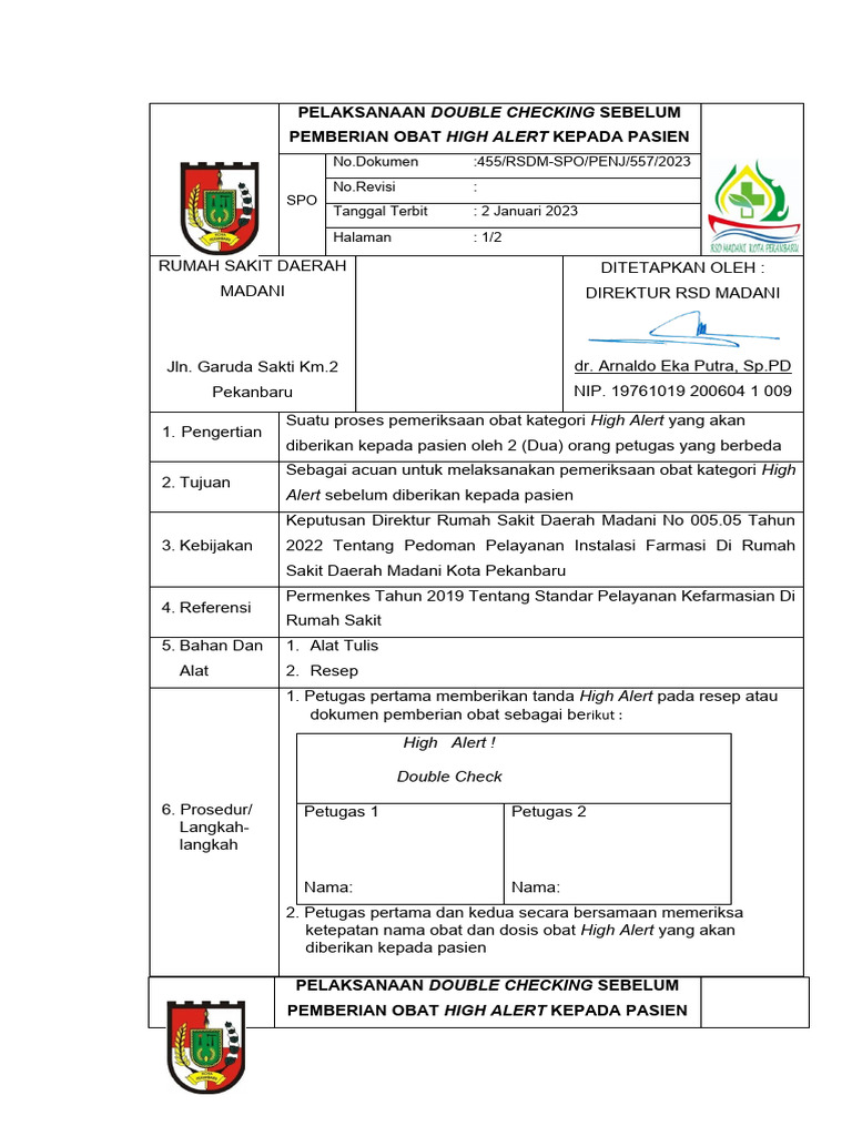 2023 Spo Pelaksanaan Double Checking Sebelum Pemberian Obat High Alert ...