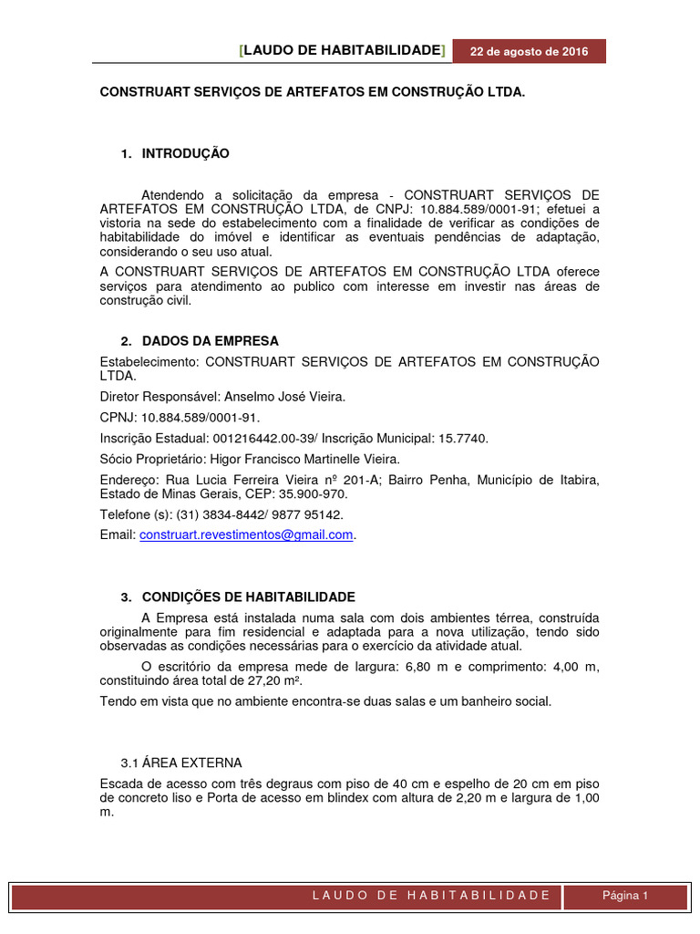 Laudo de Habitabilidade 2016 - Engº Carlos Antonino | PDF