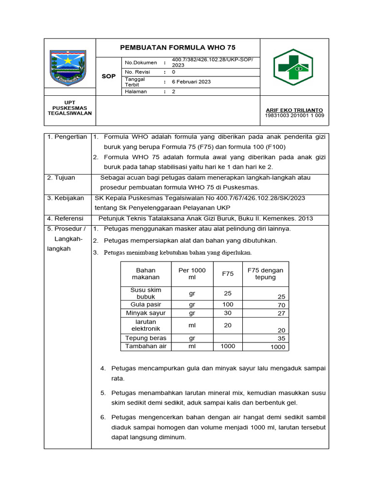 Sop Pembuatan Formula Who 75 | PDF