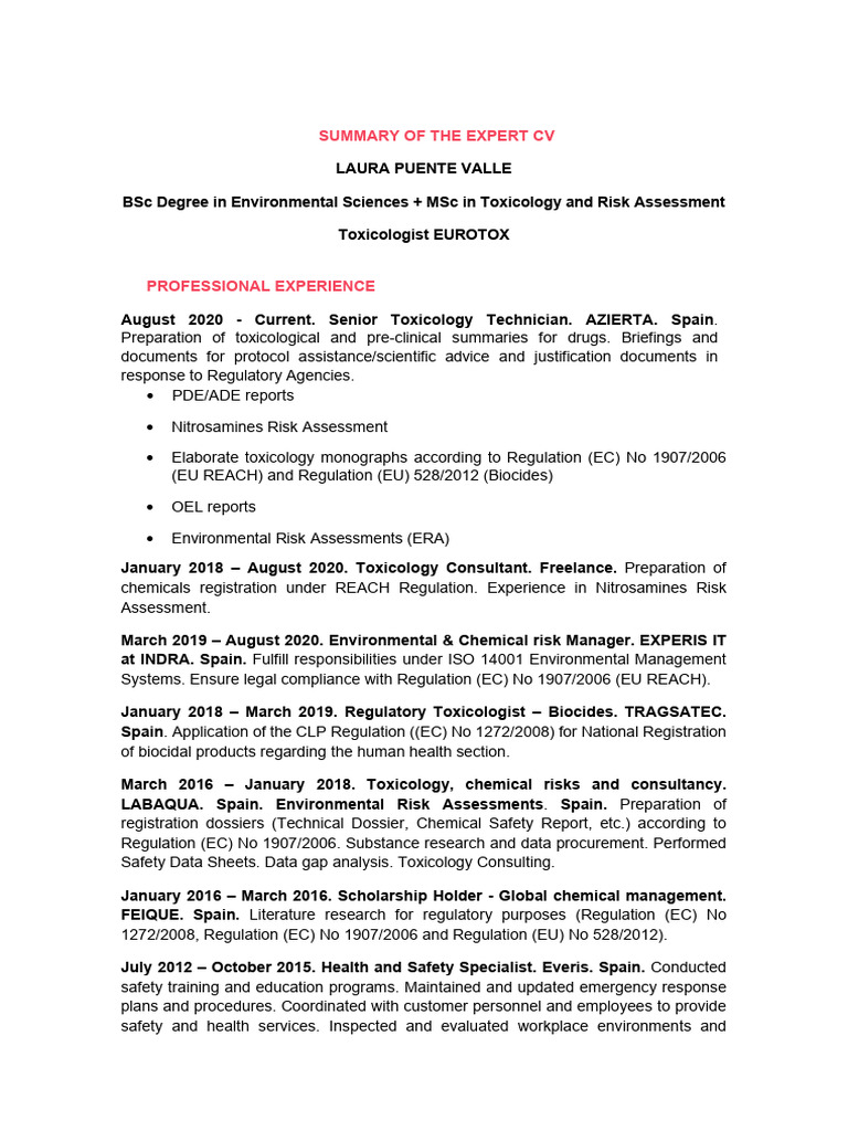 CV Laura Puente Valle | PDF | Occupational Safety And Health | Toxicology