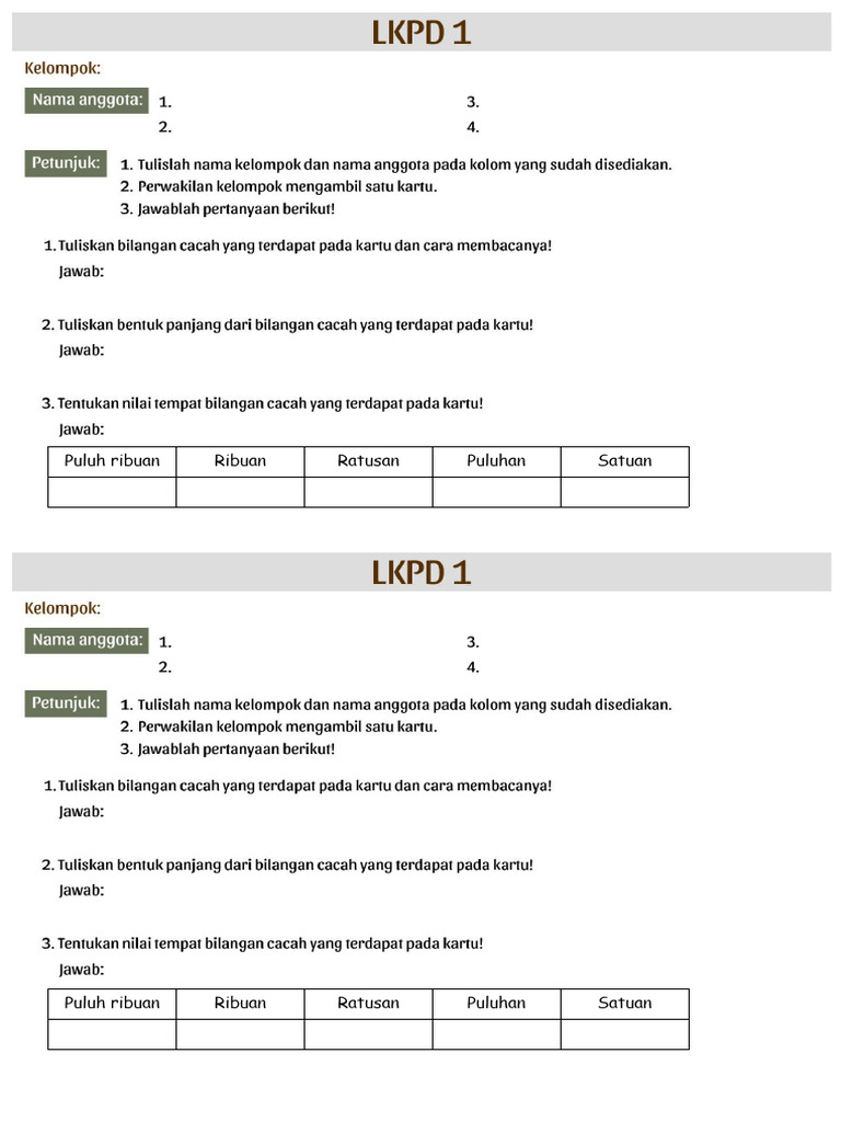 LKPD 1 Bilangan Cacah Kelas 5 | PDF