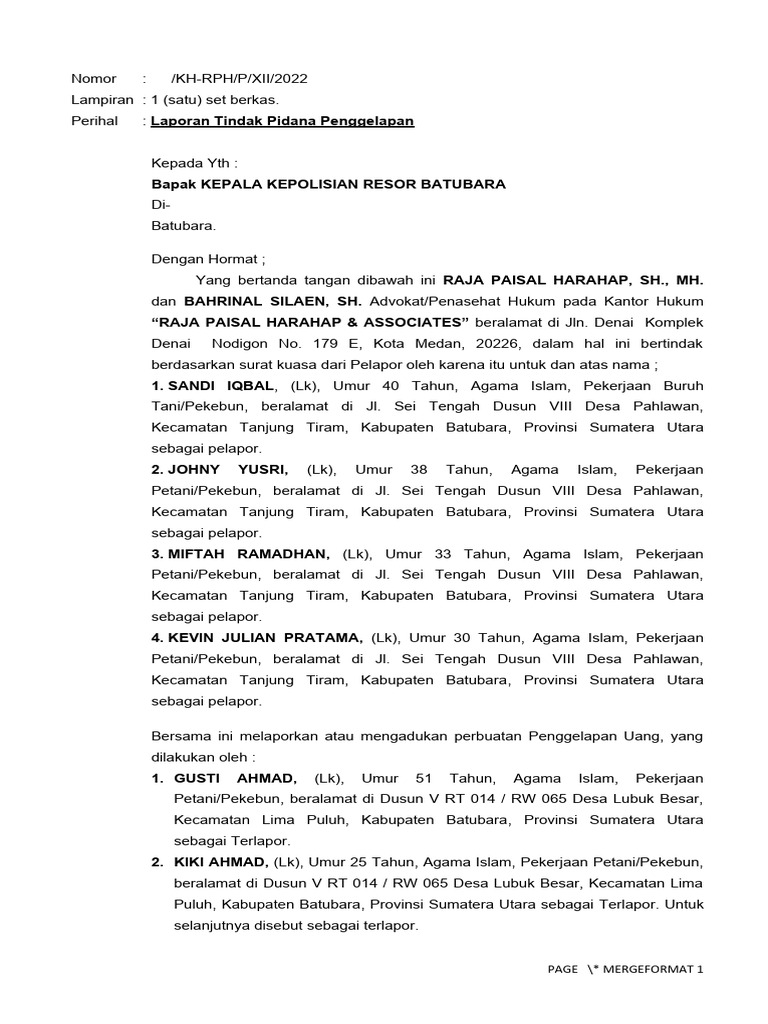 Surat Laporan Tindak Pidana Penggelapan Instansi | PDF