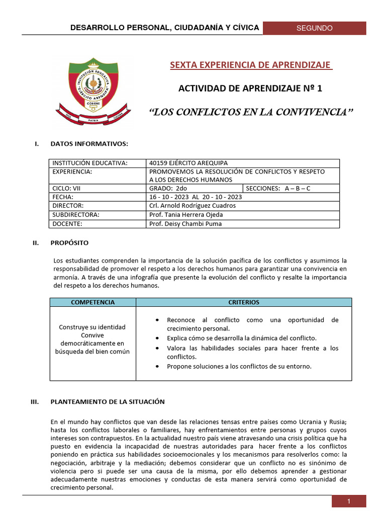 6ta Experiencia - Primera Actividad de Aprendizaje - DPCC - Segundo | PDF