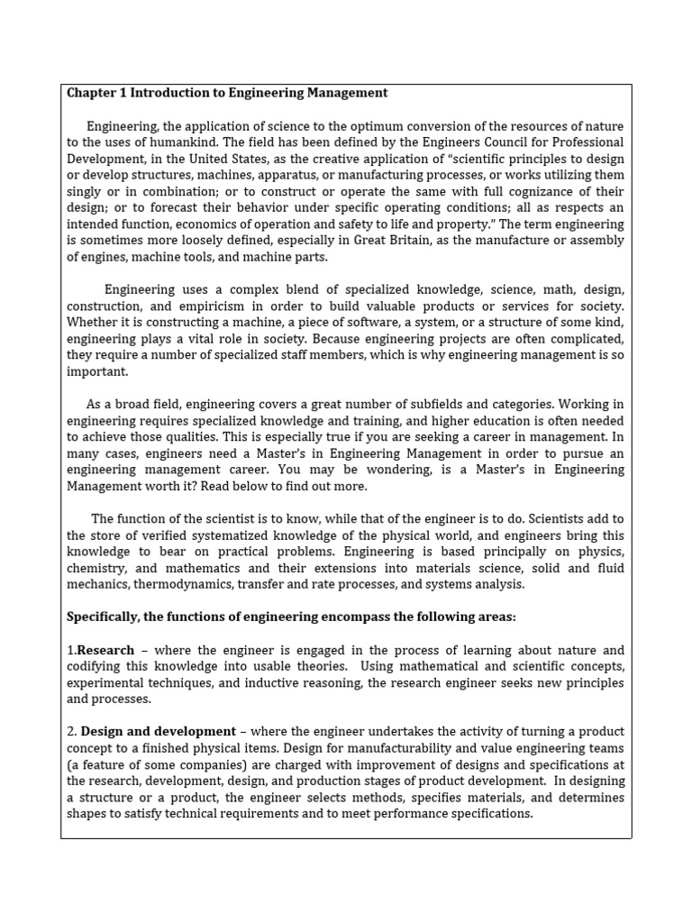 Chapter 1 Introduction To Engineering Management | PDF | Engineering | Engineer