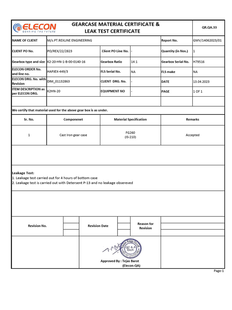 Gearcase Material Certificate & Leak Test Certificate: GMV/14062023/01 ...
