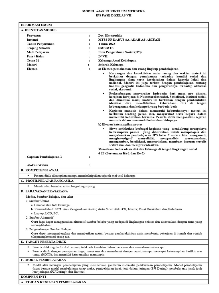 Modul Ajar IPS Kelas VII: Sejarah Keluarga | PDF