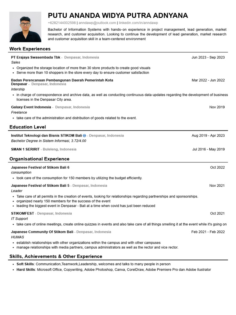 Putu Ananda Widya Putra Adnyana-Resume | PDF | Business | Computing
