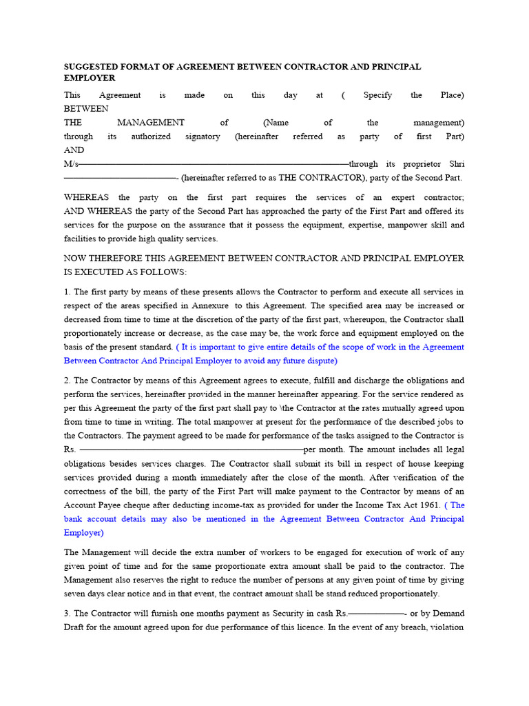Agreement Between Contractor and Principal Employer | PDF | Employment ...