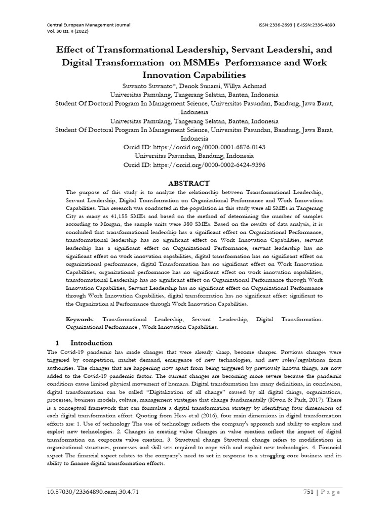 Effect of Transformational Leadership, Servant Leadershi, and Digital Transformation On MSMEs ...