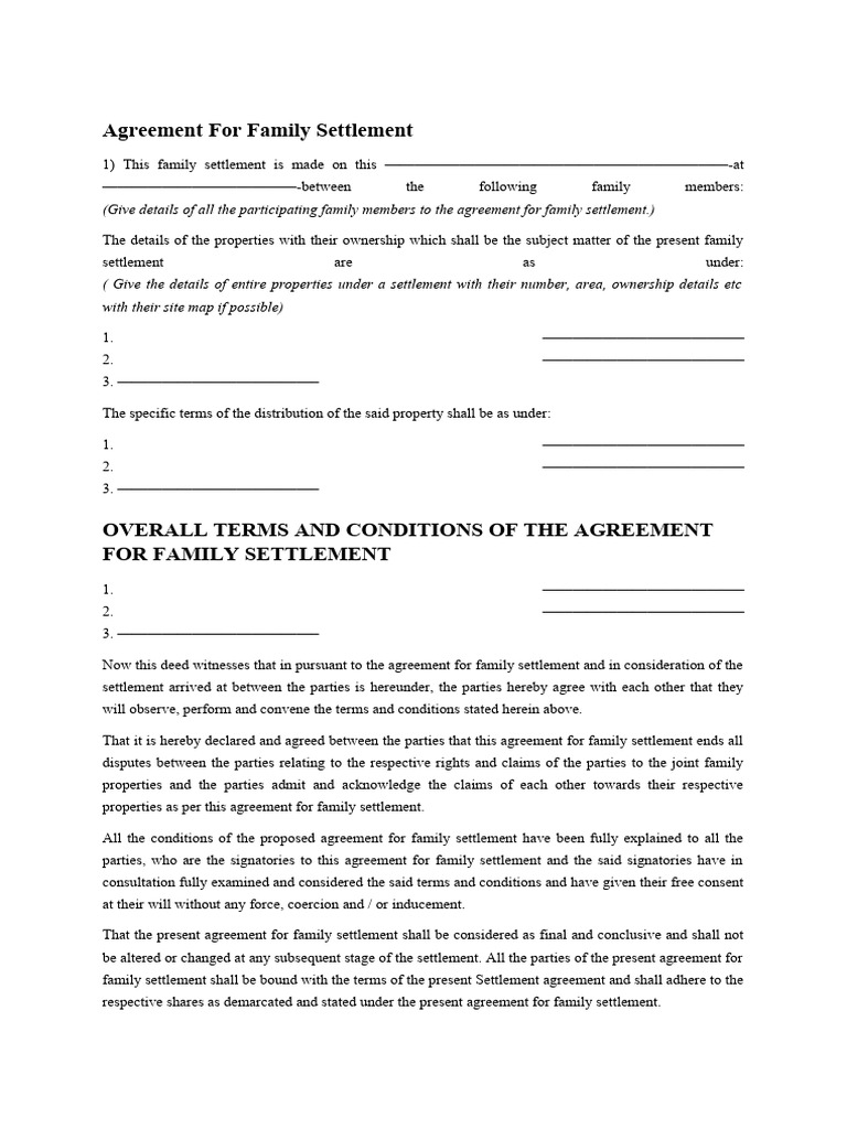 Agreement For Family Settlement | PDF | Civil Law (Legal System ...